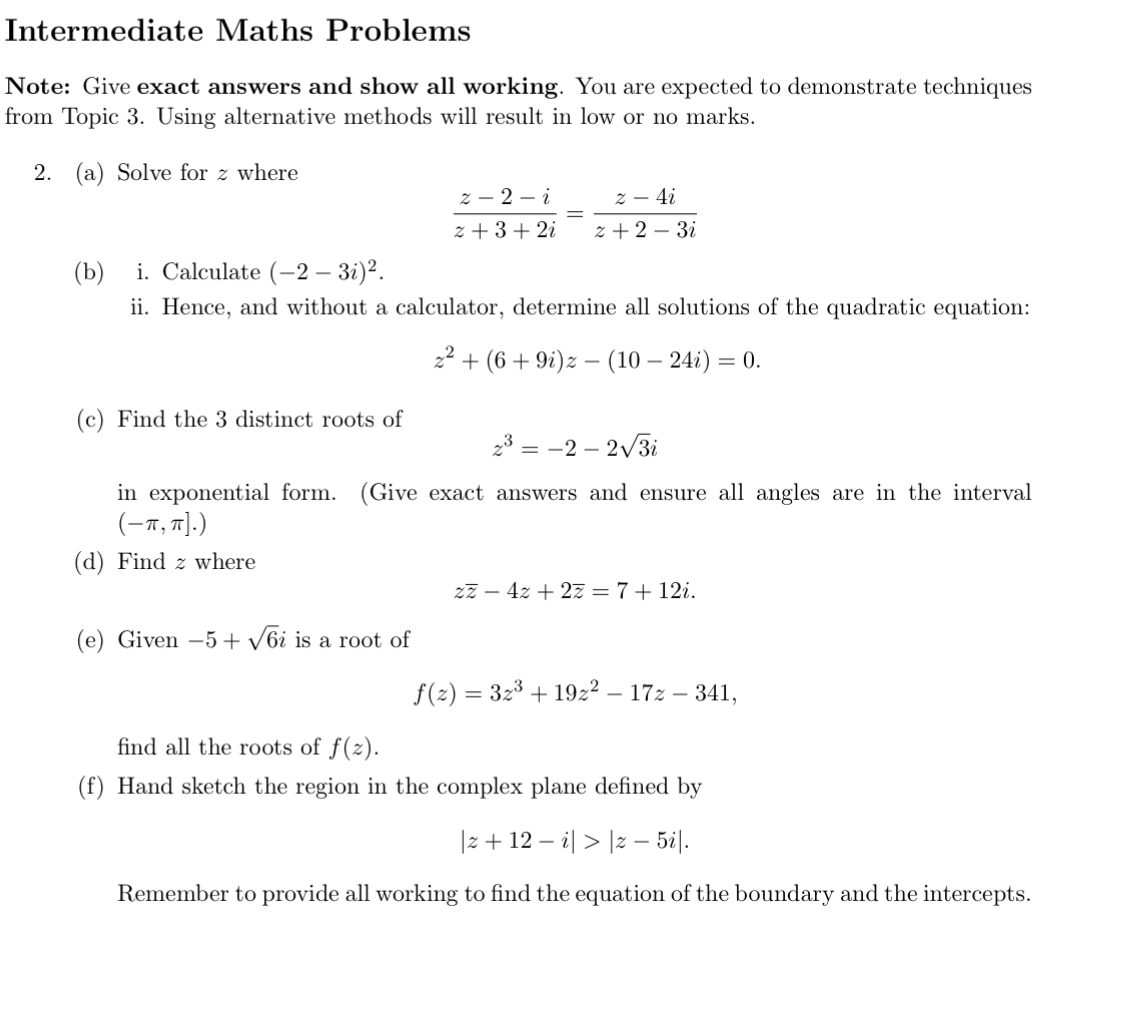 Solved [ntermediate Maths Problems Note: Give exact answers | Chegg.com
