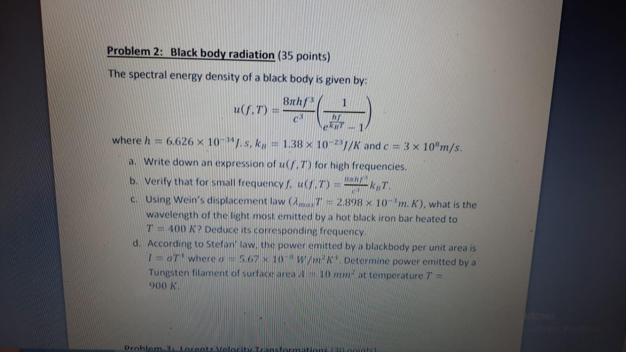Solved Problem 2: Black body radiation (35 points) The | Chegg.com