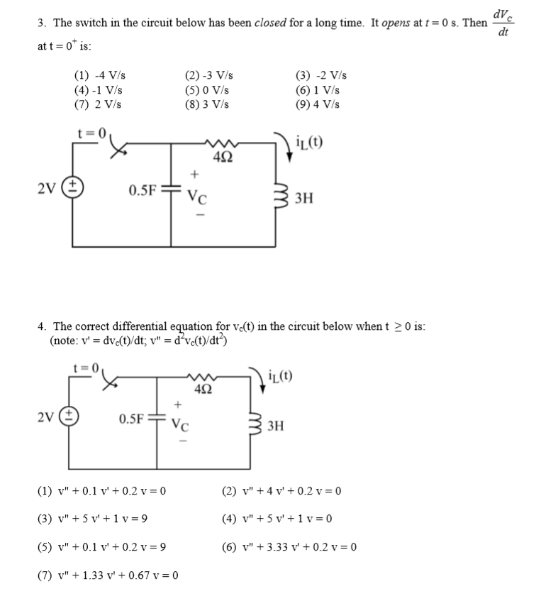 Solved dV dt 3. The switch in the circuit below has been | Chegg.com
