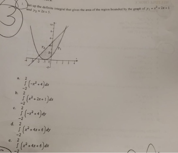 Solved y1-x2+2x + 1 up and y2-2x+ 5 the definite inte hat | Chegg.com