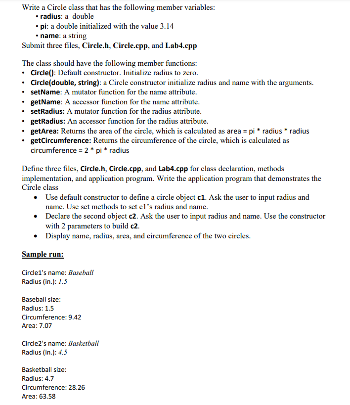 Solved Write a Circle class that has the following member | Chegg.com