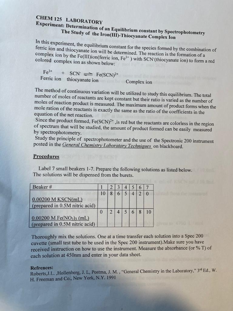 CHEM 125 LABORATORY Experiment: Determination of an | Chegg.com