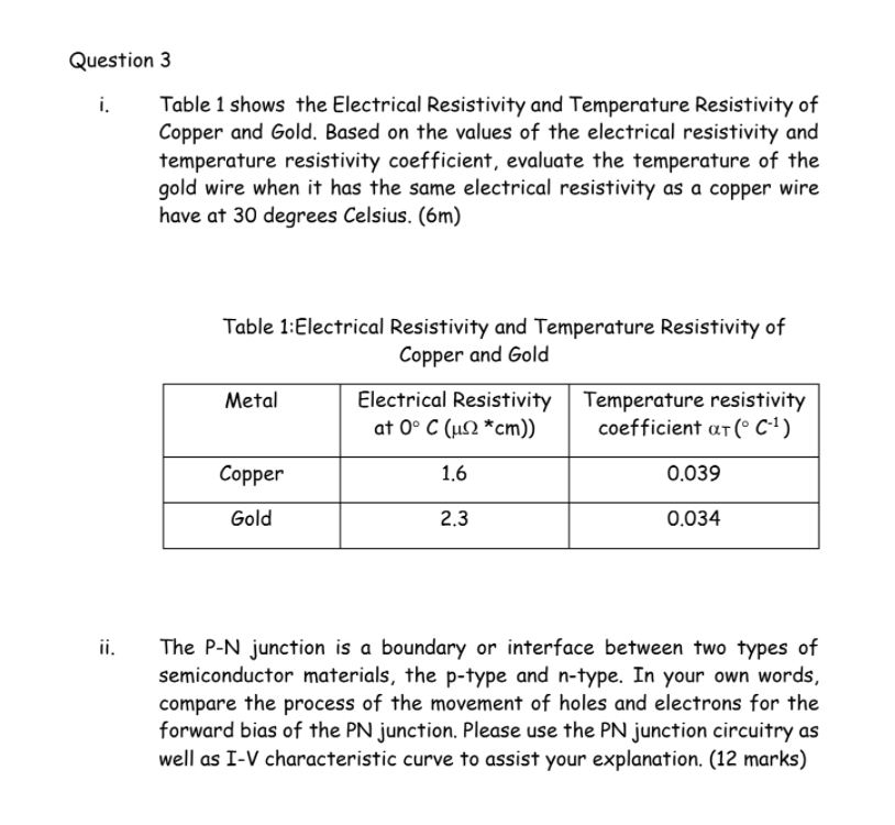 Solved Question 3 i. Table 1 shows the Electrical | Chegg.com