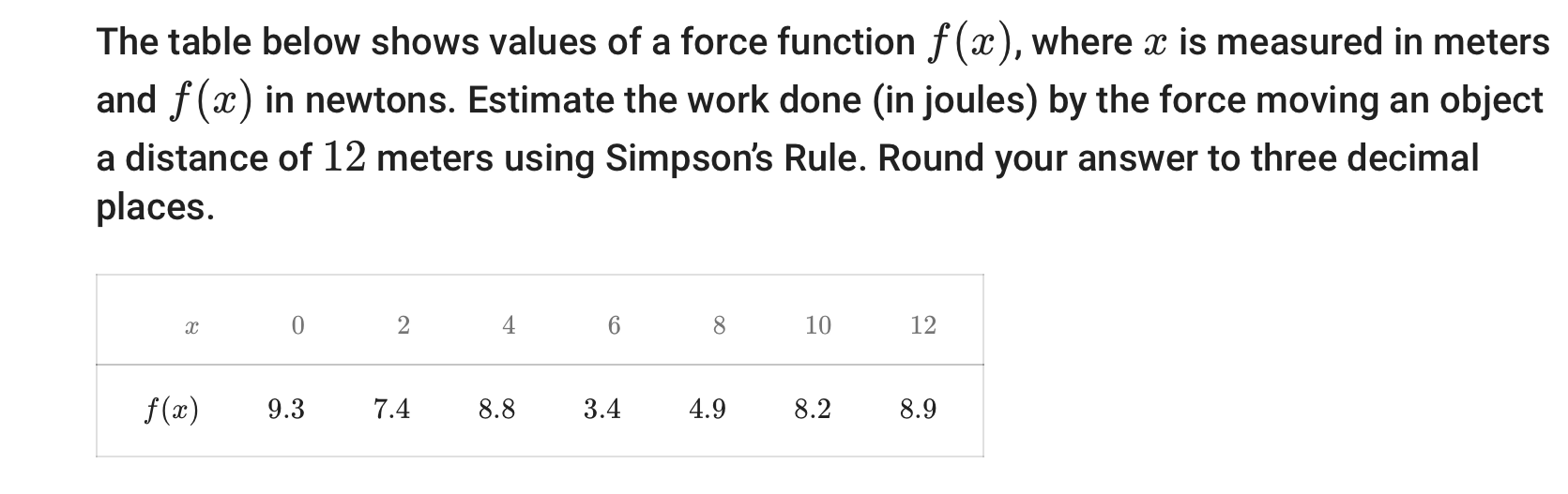 Solved The table below shows values of a force function | Chegg.com