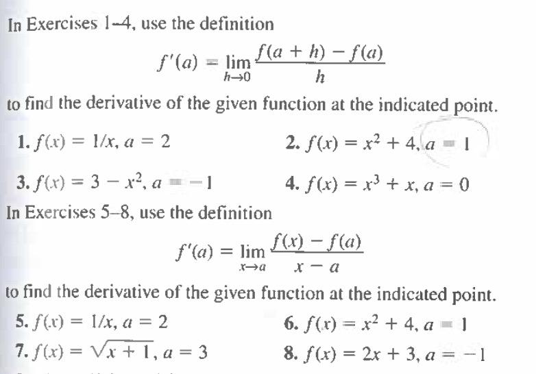 Solved In Exercises 1-4, use the definition f'(a) = lim | Chegg.com