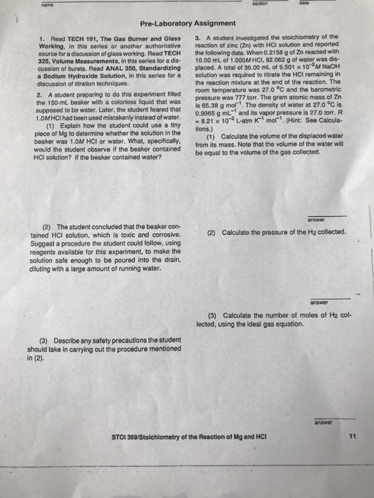 Solved Pre-Laboratory Assignment 1. Read TECH 191, The Gas | Chegg.com