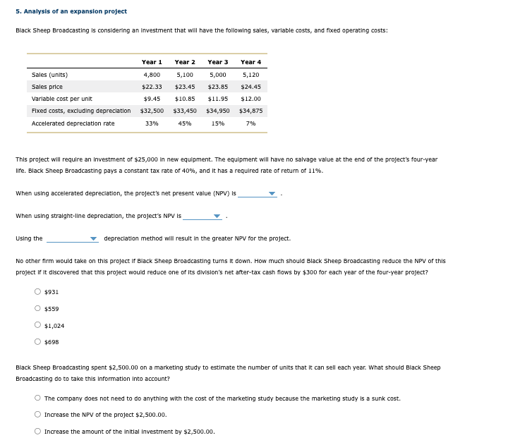 Solved 5. Analysis of an expansion project Black Sheep | Chegg.com