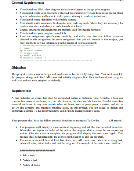 General Requirements: You should use UML class | Chegg.com