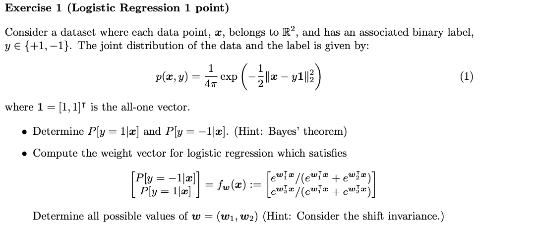 Solved Exercise 1 (Logistic Regression 1 ﻿point)Consider a | Chegg.com