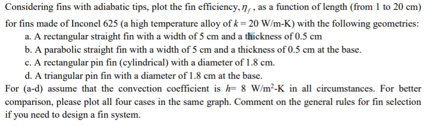Solved Considering fins with adiabatic tips, plot the fin | Chegg.com