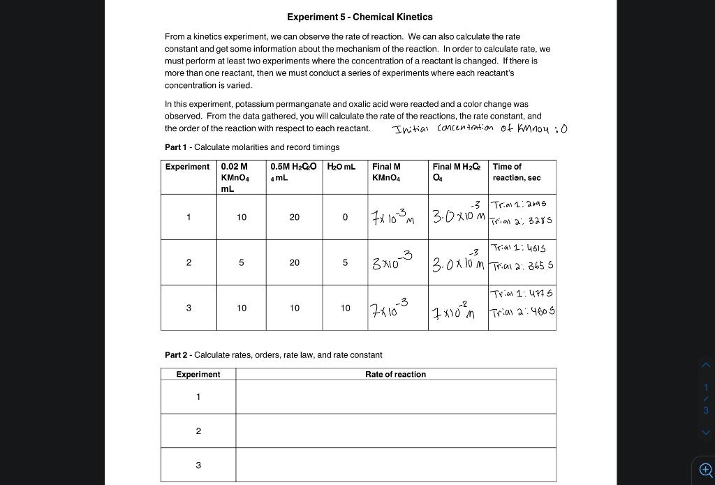 Solved Experiment 5 - Chemical Kinetics From a kinetics | Chegg.com