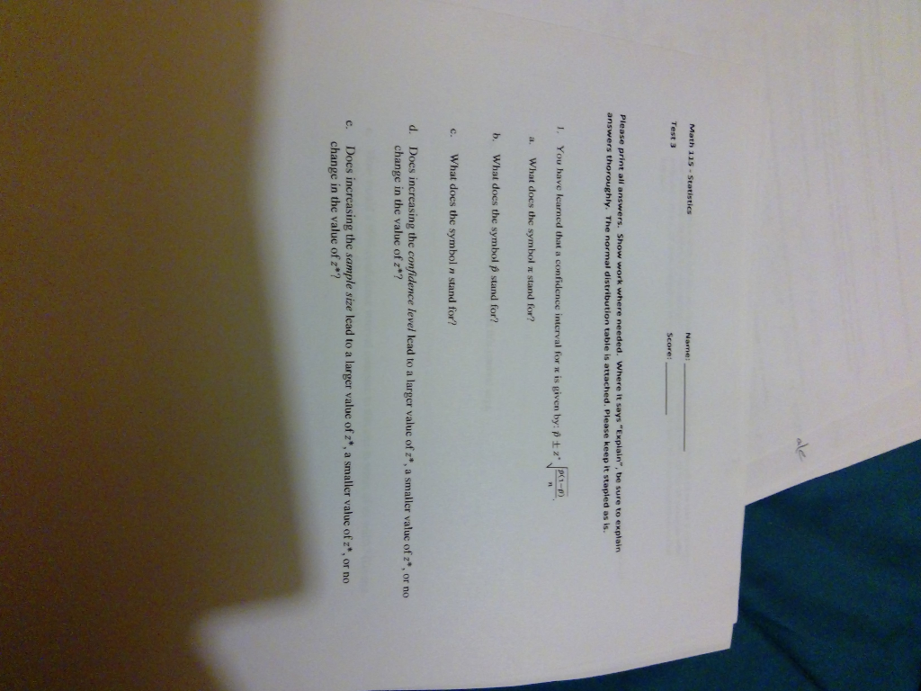 Solved Math 115 - Statistics Name Test 3 Score: Please print | Chegg.com