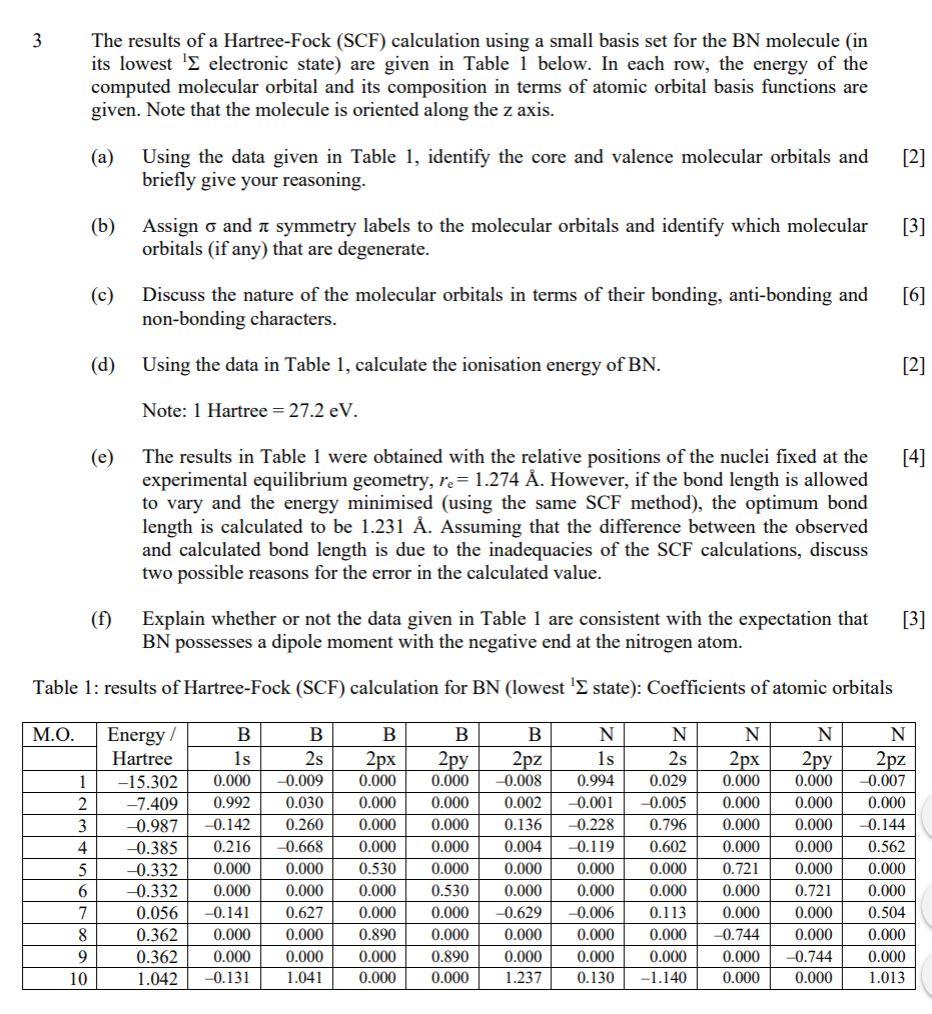 3 The results of a Hartree-Fock (SCF) calculation | Chegg.com