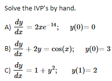 Solved Solve the IVP's by hand. A) dxdy=2xe−14;y(0)=0 В) | Chegg.com