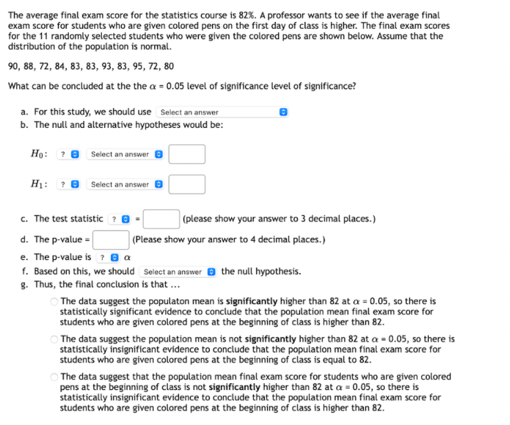 Solved The average final exam score for the statistics | Chegg.com