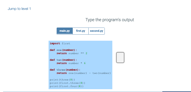 Solved Jump to level 1 Type the program's output main.py | Chegg.com