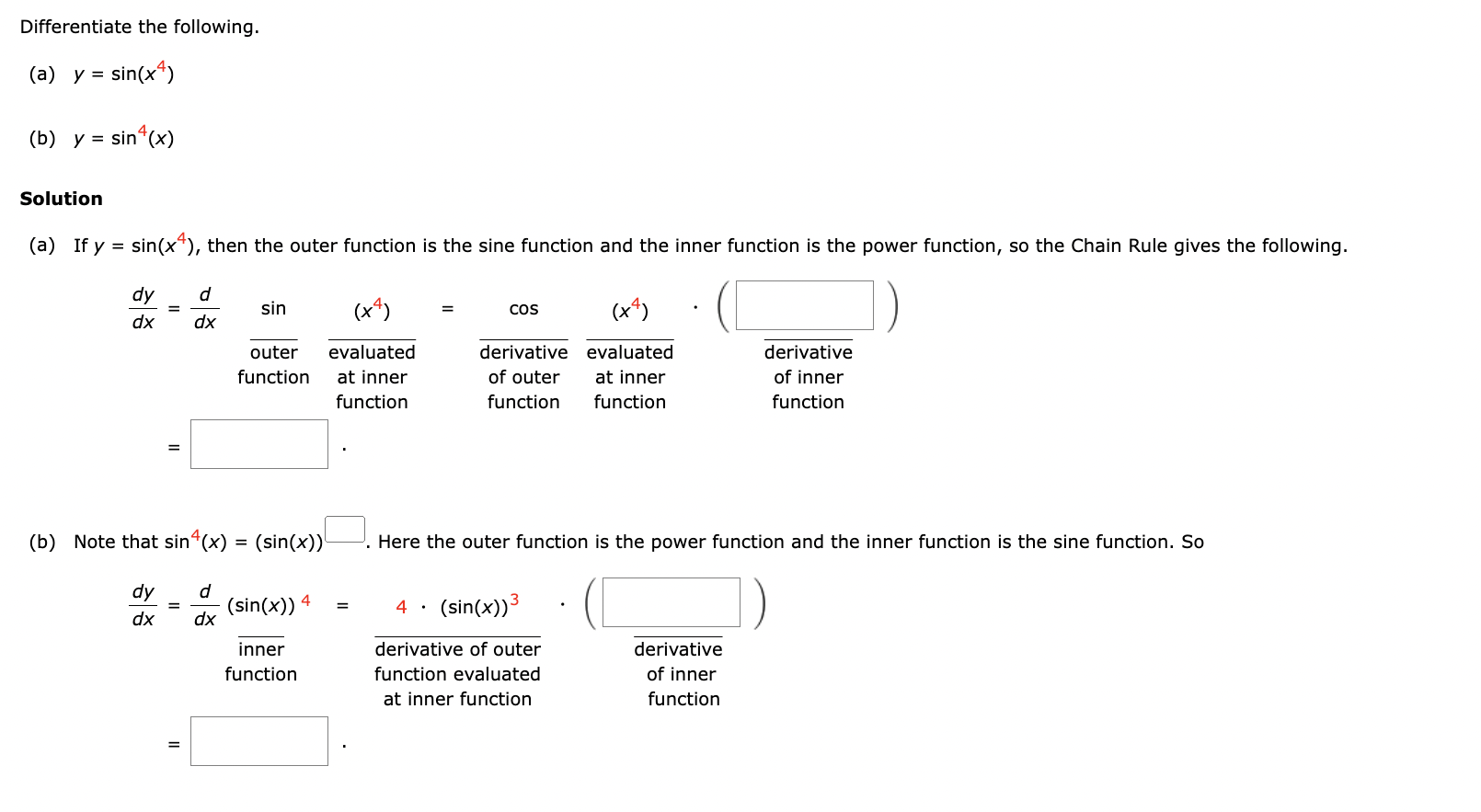 Solved a) y=sin(x4) b) y=sin4(x) olution a) If y=sin(x4), | Chegg.com