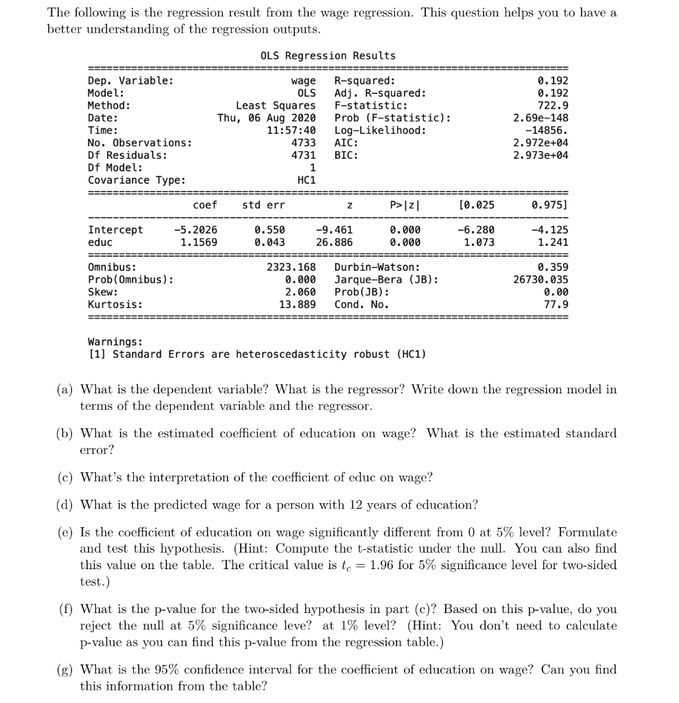 Solved The following is the regression result from the wage | Chegg.com