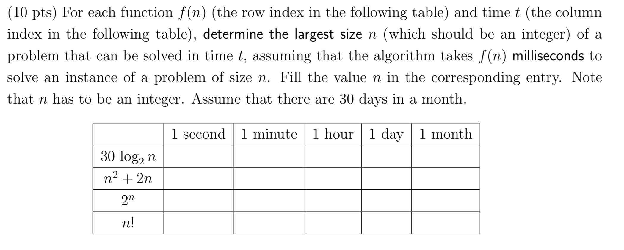 Solved (10 pts) For each function f(n) (the row index in the | Chegg.com