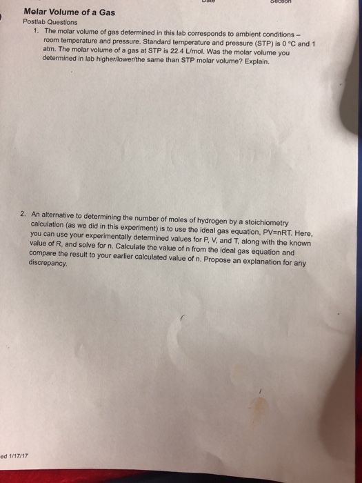 Solved Molar Volume of a Gas Postlab Questions The molar | Chegg.com