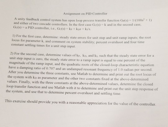 Assignment on PID Controller A unity feedback control | Chegg.com