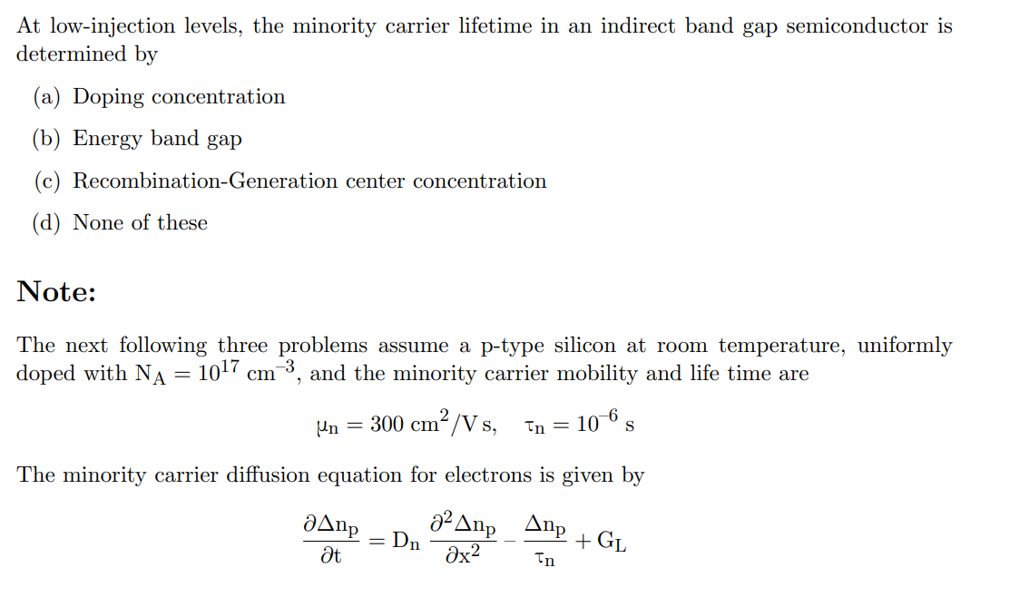 Solved At low-injection levels, the minority carrier | Chegg.com