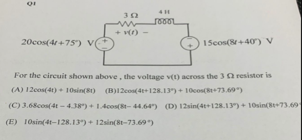 Solved Q1 322 4 H ணட + v(t) 20cos(4t+75) V 15cos(8t+40°) V | Chegg.com
