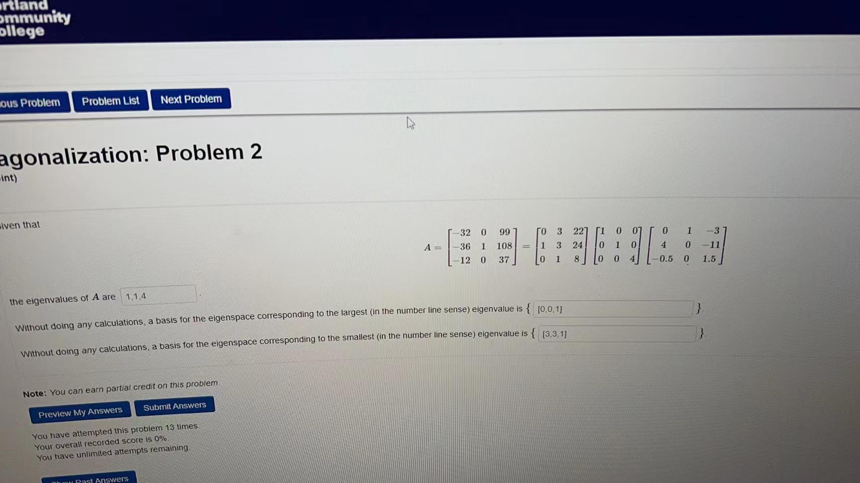 Solved ortland ommunity ollege ous Problem Problem List Next | Chegg.com
