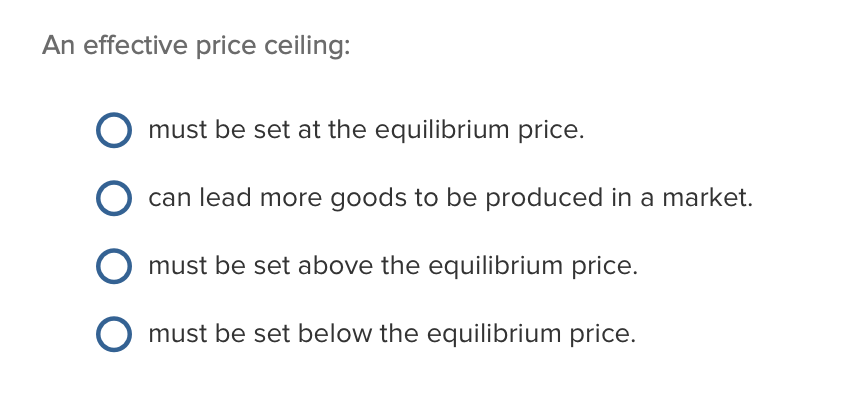 Solved An effective price ceiling: O must be set at the | Chegg.com