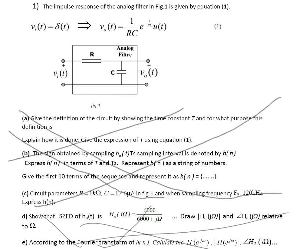 Solved 1) The impulse response of the analog filter in Fig.1 | Chegg.com