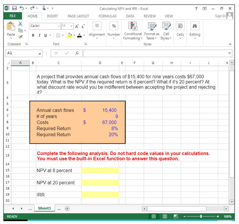 Solved 5 Calculating NPV and IRR - Excel FORMULAS DATA | Chegg.com