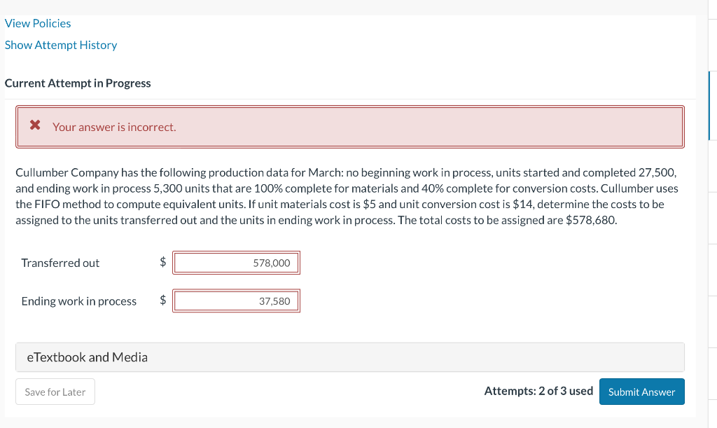 Solved Current Attempt in Progress Cullumber Company has the | Chegg.com