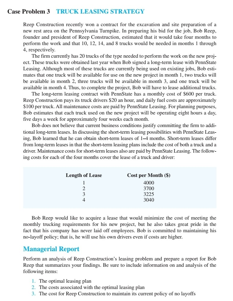 Solved Case Problem 3 TRUCK LEASING STRATEGY Reep | Chegg.com