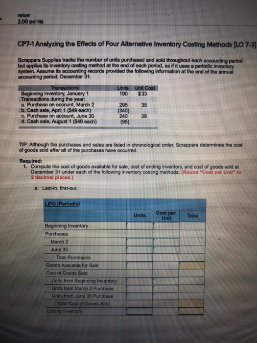 Solved velue: 2.00 points CP7-1 Analyzing the Effects of | Chegg.com