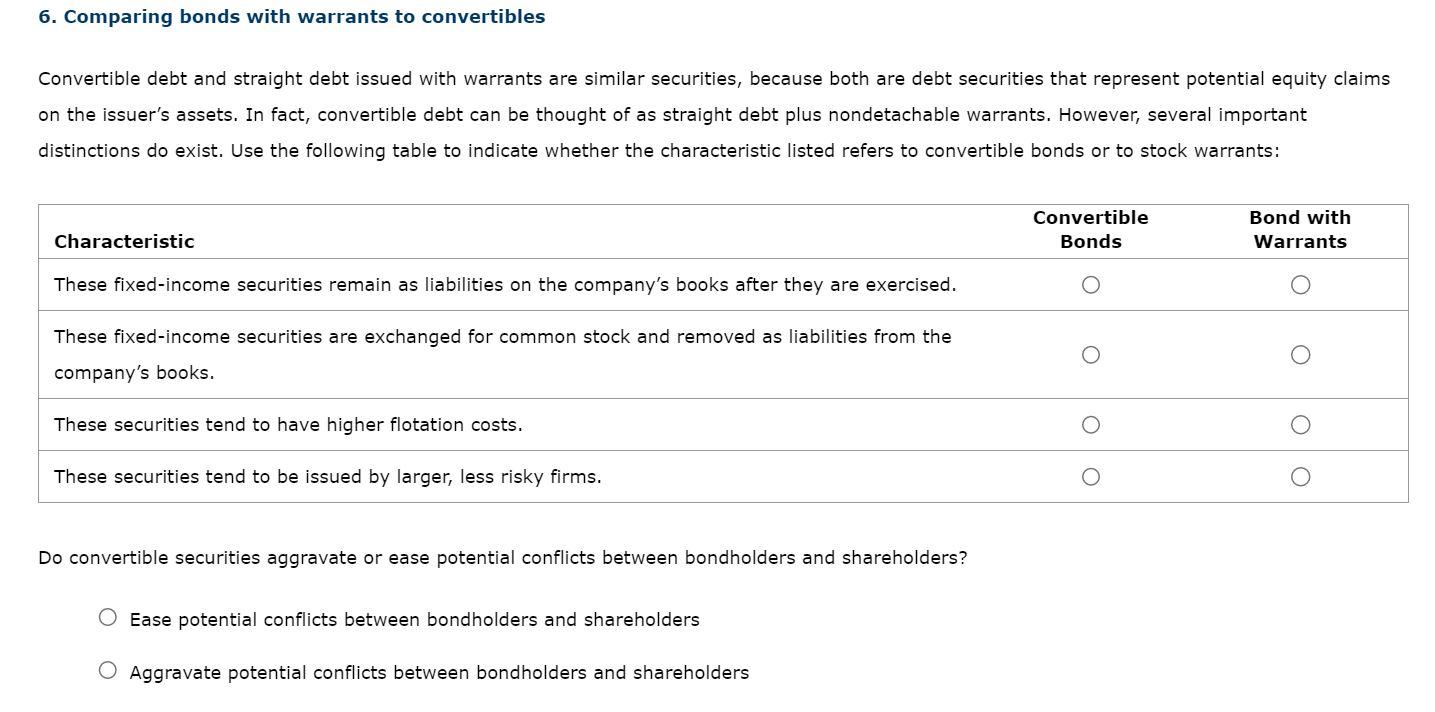 Solved 6. Comparing bonds with warrants to convertibles | Chegg.com