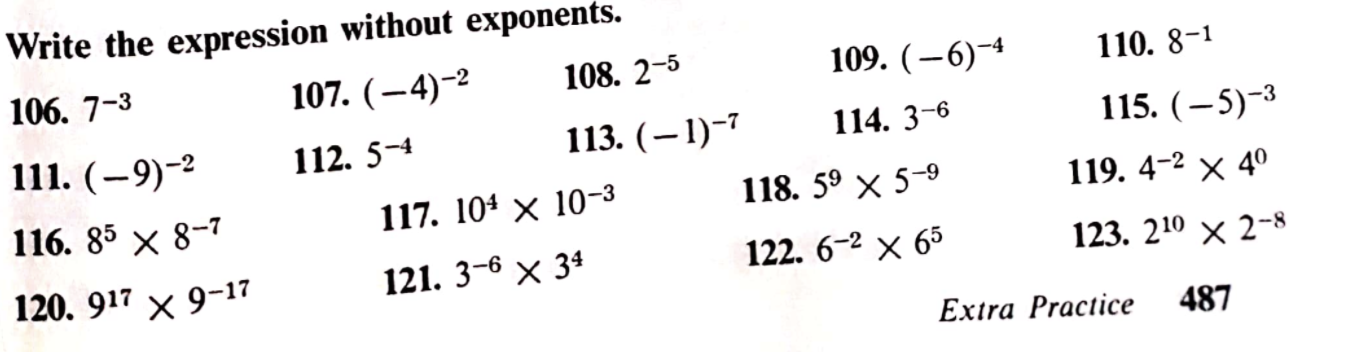 Solved 110. 8-1 Write the expression without exponents. 106. | Chegg.com
