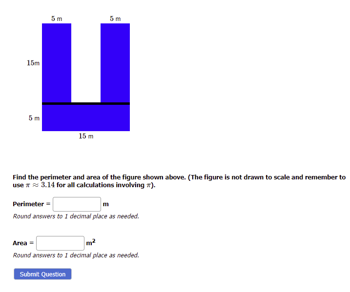 Solved 5 5 m 5 m 15m U 5 m 15 m Find the perimeter and area | Chegg.com