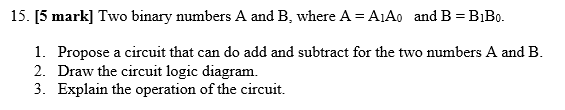 Solved 15. [5 mark] Two binary numbers A and B, where A=A1A0 | Chegg.com