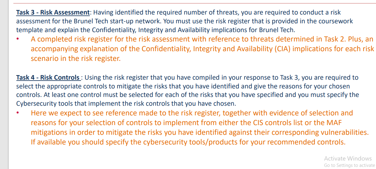 Solved Task 3 - Risk Assessment: Having identified the | Chegg.com