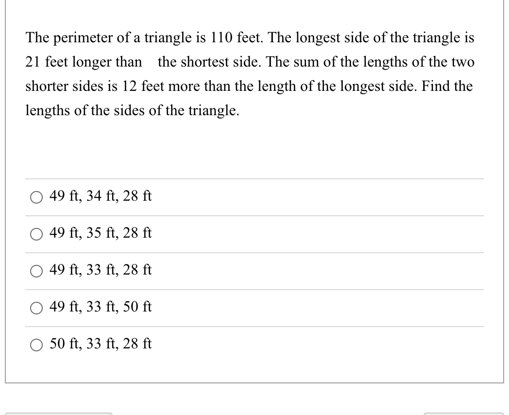 Solved The perimeter of a triangle is 110 feet. The longest | Chegg.com