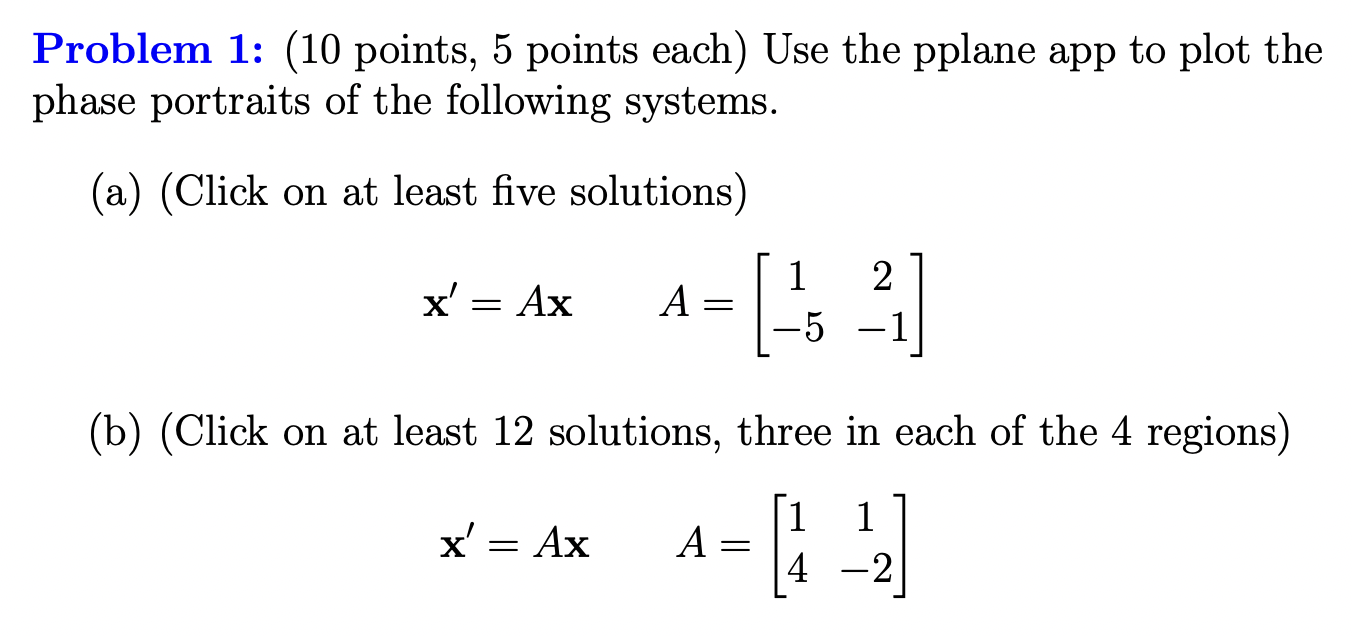 Problem 1: (10 points, 5 points each) Use the pplane | Chegg.com