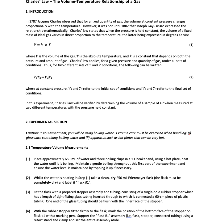 Solved Charles' Law - The Volume-Temperature Relationship of | Chegg.com
