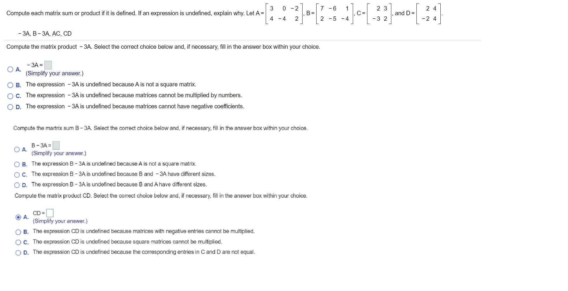 Solved 3 0-2 7 -6 1 2 3 24 Compute each matrix sum or | Chegg.com