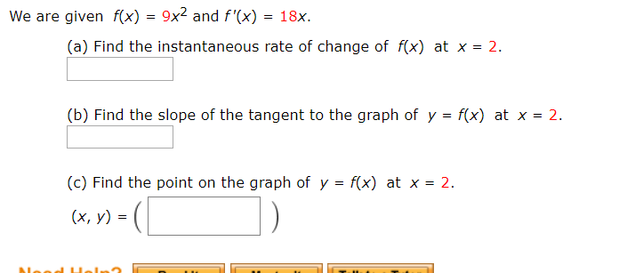 Solved We are given f(x) = 9x2 and f'(x) = 18x. (a) Find the | Chegg.com