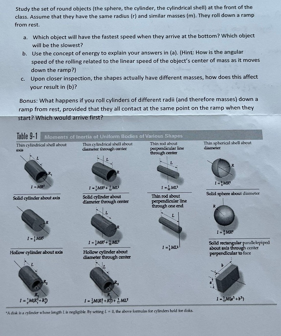 Solved Table 9-1 ﻿Moments of Inertia of Uniform Bodies of | Chegg.com