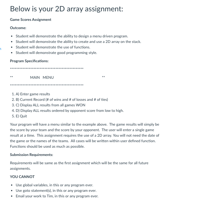 Solved Below is your 2D array assignment: Game Scores | Chegg.com