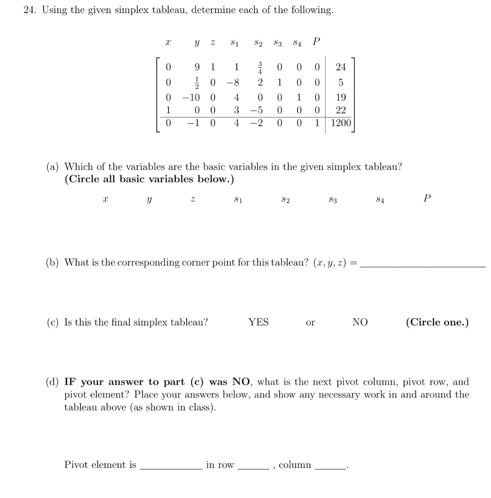 Solved 24. Using the given simplex tableau, determine each | Chegg.com
