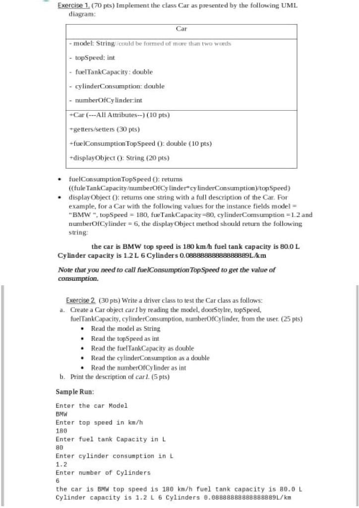 Solved Exercise 1. (70 pts) Implement the class Car as | Chegg.com