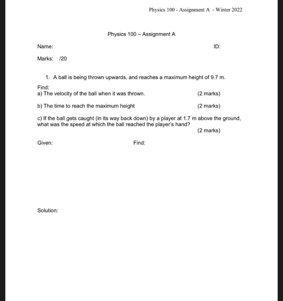 Solved Physics 100 - Assignment A - Winter 2022 Physics 100 | Chegg.com