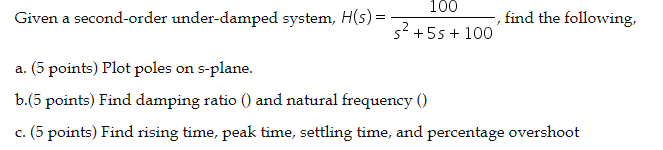 Solved 100 Given a second-order under-damped system, H(s) = | Chegg.com